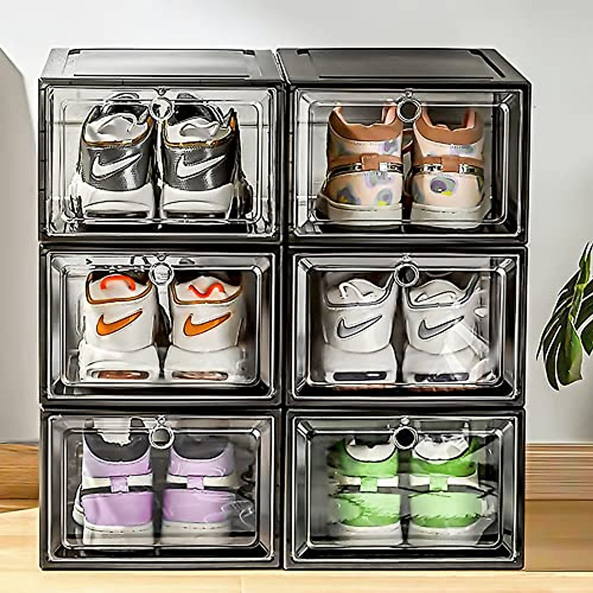 BYFU Shoe Box Drop Front Set of 6, Plastic Stackable Shoe Storage Boxes with Lids, Sneaker Display Case Shoe Organizer Bins for Closet, Easy Assembly (Dark Grey)