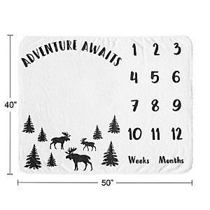 Sweet Jojo Designs Woodland Moose Boy Milestone Blanket Monthly Newborn First Year Growth Mat Baby Shower Memory Keepsake Gift Picture - Black and White Forest Adventure Awaits Rustic Patch