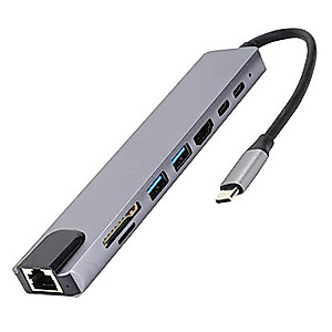 Ranvo USB Type C Hub, Multiport 1080P HD Displayport Hub Aluminum Alloy 8 in 1 for USB 2.0 Memory Card for Type C Female Connector