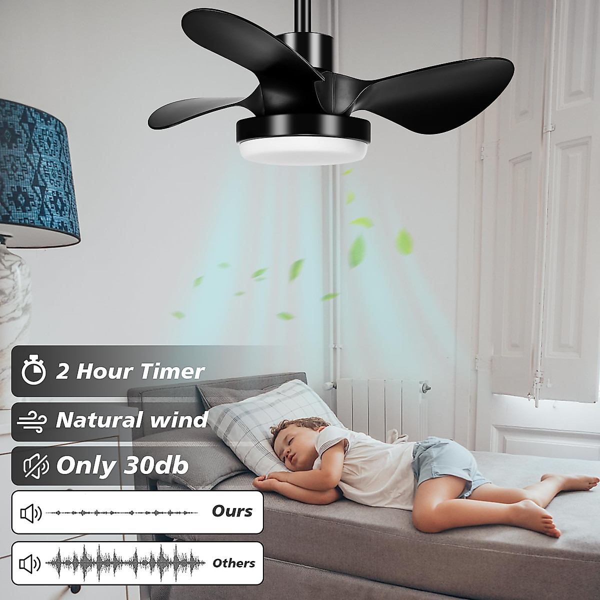 Black Ceiling Fans with Lights and Remote, 25 Inch Indoor Outdoor Dimmable Ceiling Fans with Light, 3 Blades Modern Ceiling Fan Light with DC Motor for Bedroom, Living Room, Kitchen, Office