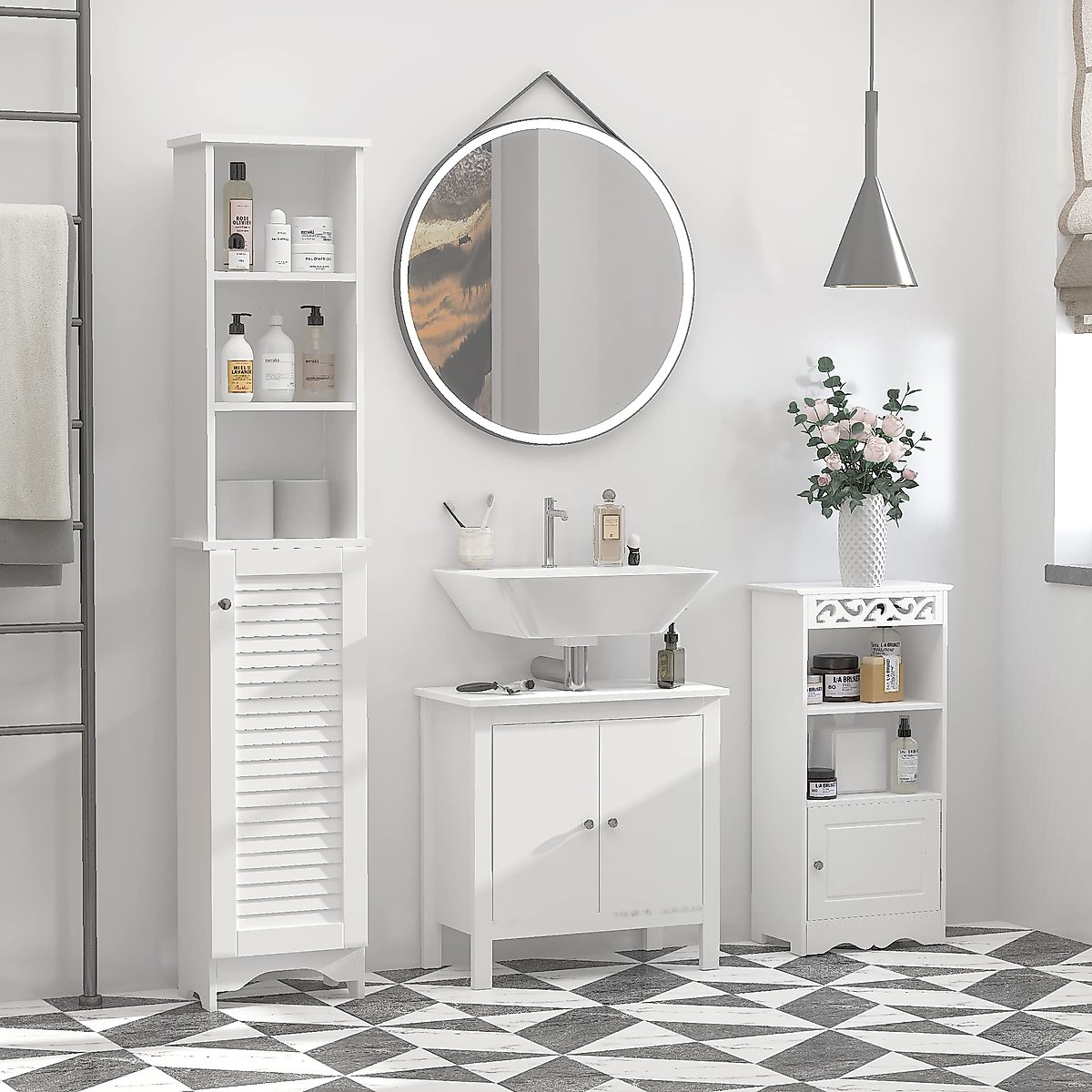 HOMCOM Tall Bathroom Storage Cabinet/Freestanding Linen Tower with 3-Tier Open Adjustable Shelf, White