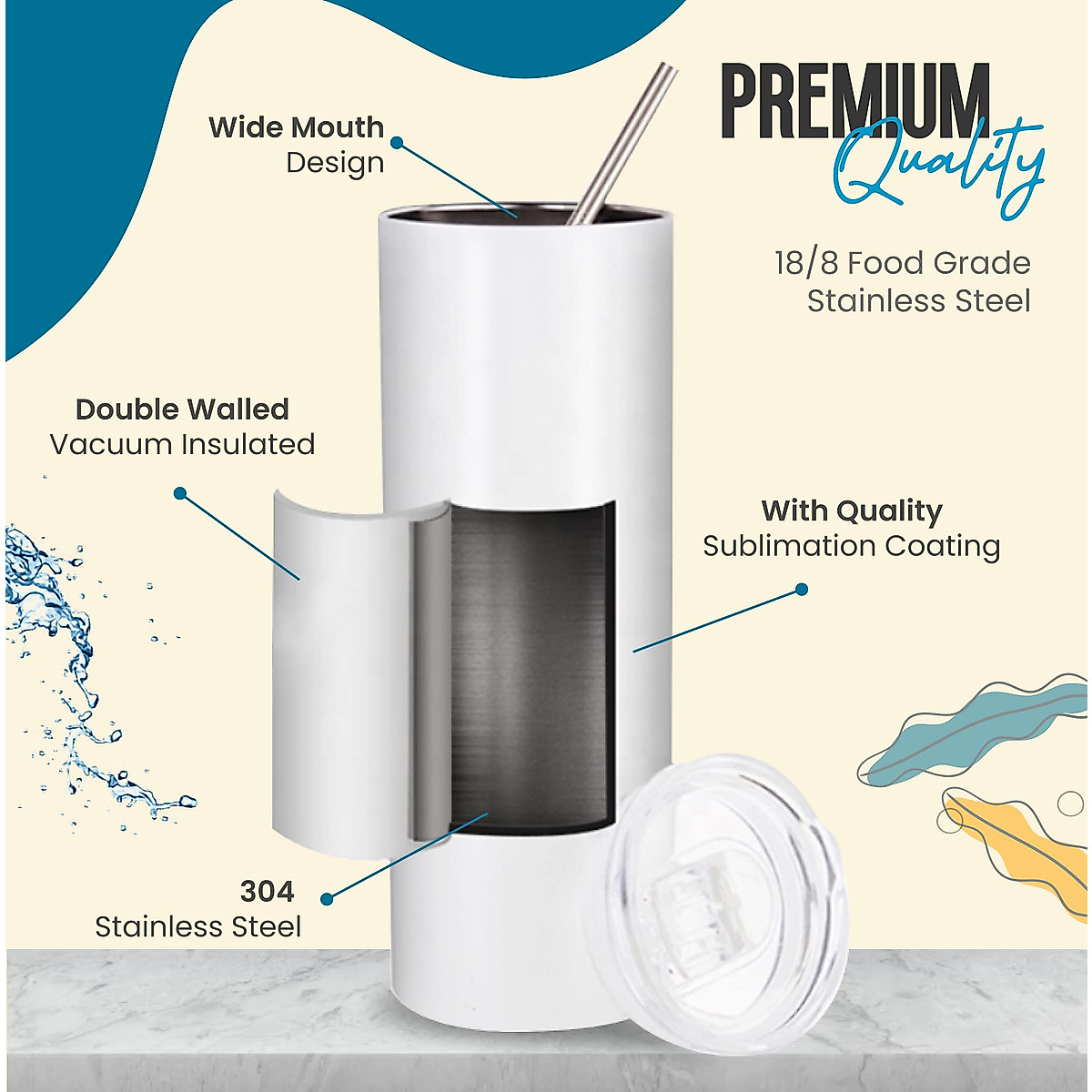 The Brandster Sublimation Tumblers 20 OZ Skinny Bulk, Double-Walled Stainless Steel Sublimation Blanks Tumblers, with Lid, Straw, Heat Tape, Shrink Wrap, Gift Boxed to Personalize & Gift