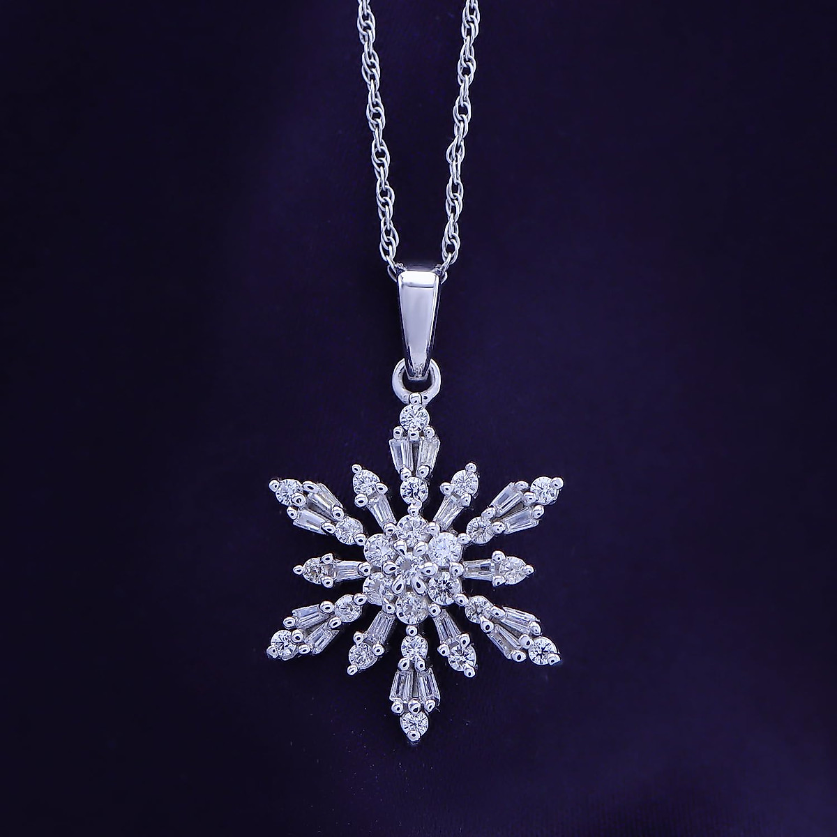 AFFY Baguette & Round White Cubic Zirconia Snowflake Charm Pendant Necklace in 14k White Gold Over Sterling Silver
