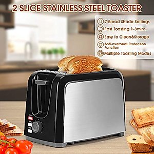 Toaster 2 Slice Stainless Steel Toaster Two Slice Toaster with Removable Crumb Tray Toaster Wide Slot Toasters 2 Slice Best Rated Prime with 7 Bread Shade Settings and Bagel, Defrost, Cancel Function for Bread (Black-2P)