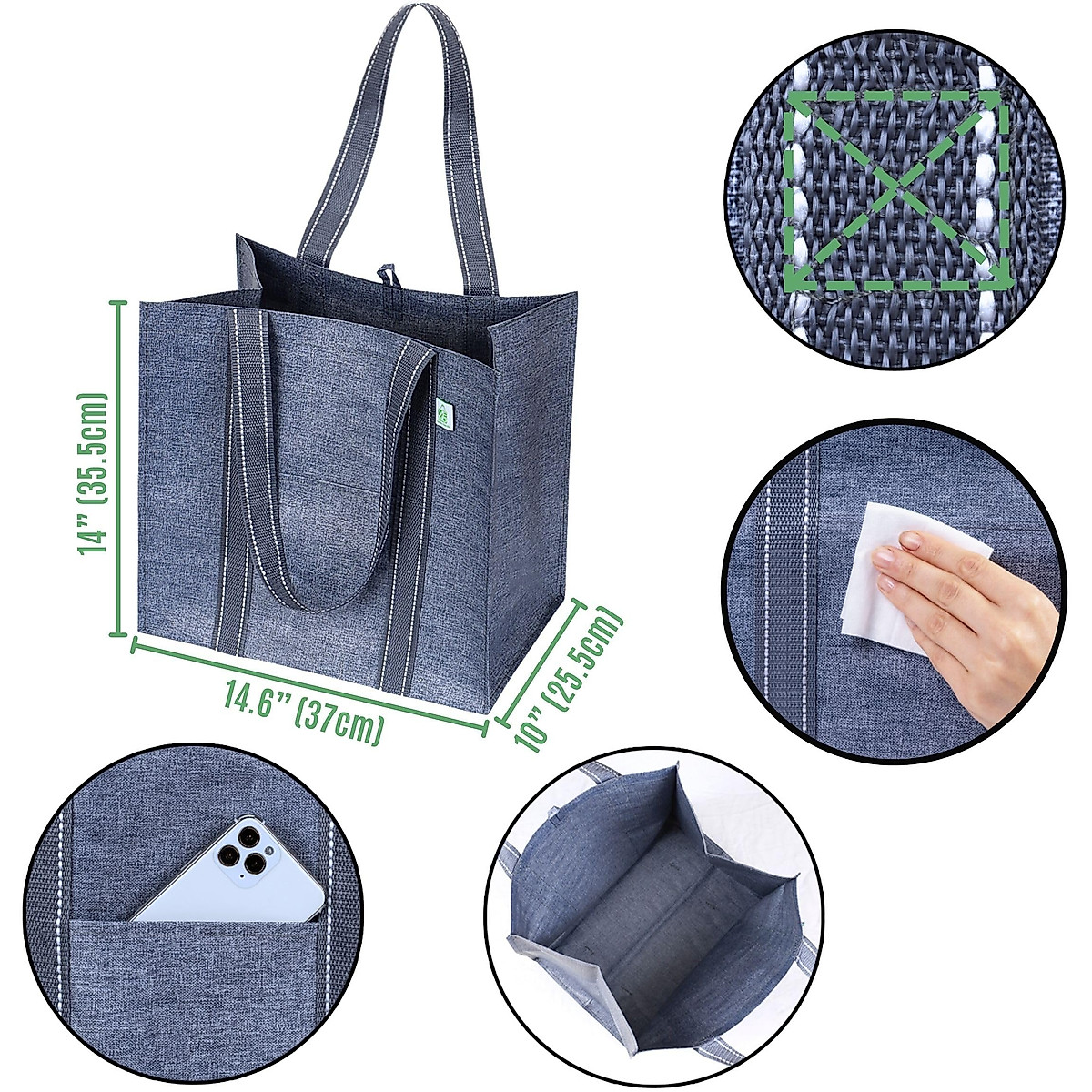 VENO 4 Pack Reusable Grocery Shopping Bag w/ Hard bottom, Foldable, Multipurpose Heavy Duty Tote, Daily Utility bag, Stands Upright, Sustainable (Set of 4, Gray)