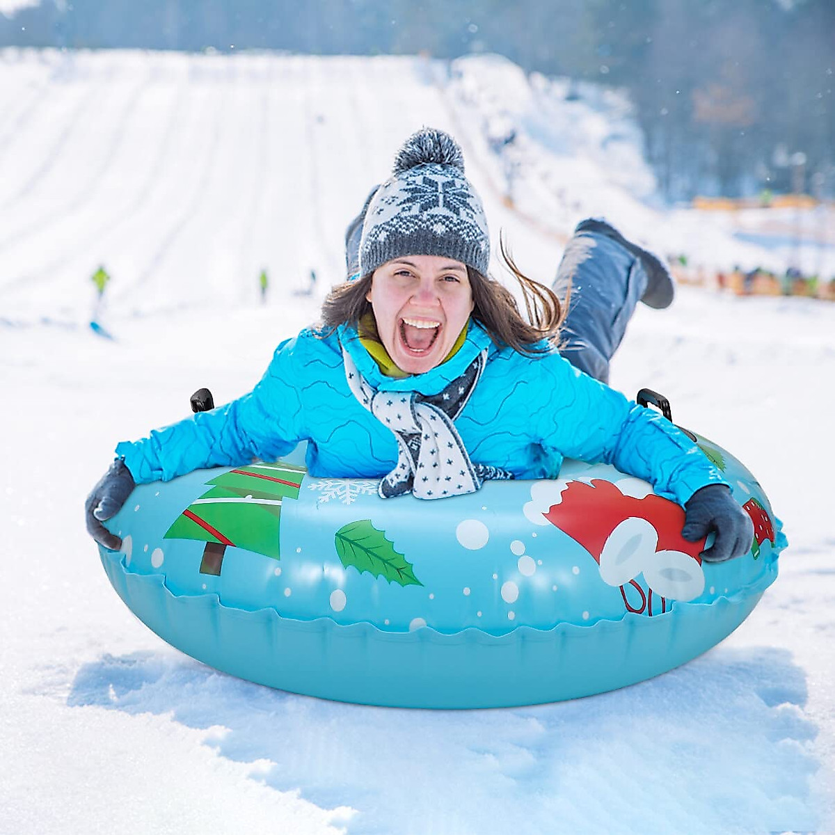 TOYANDONA Inflatable Snow Tube, 37 inch Wear Resistant Snow Sled Snow Tube with Handles for Kids or Adults
