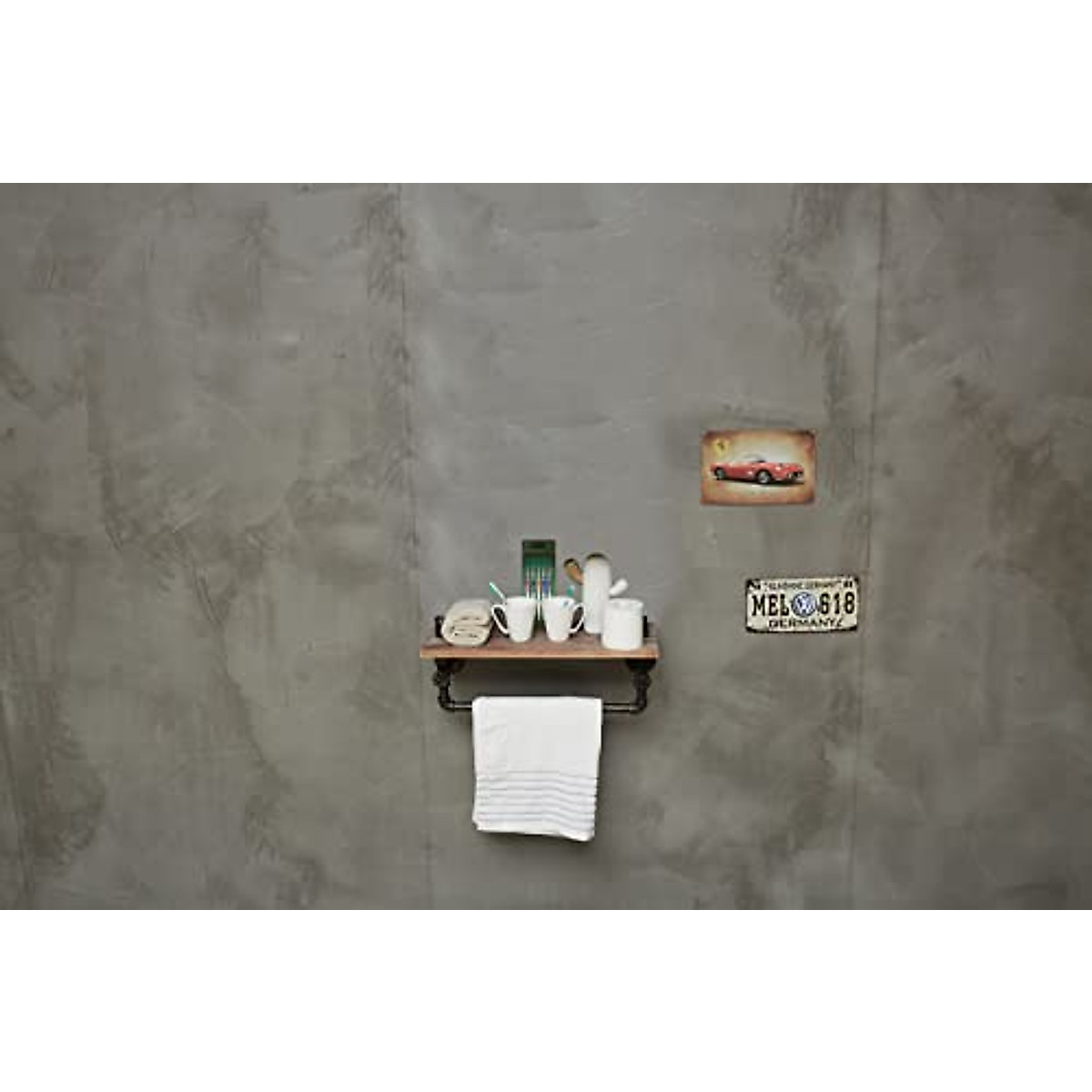 Nultuvalk Floating Shelving with Wood, Antique Wood Shelving with Towel Rail, Bathroom Industrial Pipe Rack, Wall Mounted 24" Living Room Farmhouse (Vintage Gold, 1Tier)