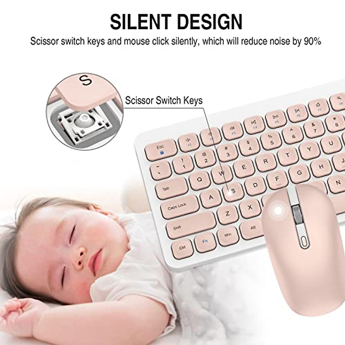 cimetech Wireless Keyboard and Mouse Combo, Compact Full Size Wireless Keyboard and Mouse Set Less Noise Keys 2.4G Ultra-Thin Sleek Design for Windows, Computer, PC, Notebook, Laptop - Bright Pink