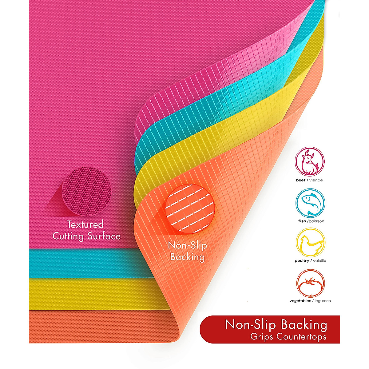 Dexas Heavy Duty Cutting Board Grippmat, Flexible Cutting Boards for Kitchen, Set of 4, Non Slip Plastic Board Cutting Mat 11.5 by 14 inches, Bright Blue, Yellow, Orange and Pink Set Kitchen Gadgets