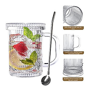 Glass Coffee Mugs Clear Mug - 14 Oz Ribbed Mugs with Straw Spoon Classical Vertical Stripes Glass Tea Cups With Lids Set of 4 - Elegant Lovely Gifts for Anniversary Weddings Christmas Birthday
