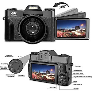 eDealz 4K 48MP Digital Camera Kit for Photography, Vlogging Camera YouTube with Flip Screen, WiFi, Wide Angle & Macro Lens, 64GB Micro SD Card, 50" Tripod, Case, Card Reader, Microphone, LED (Black)