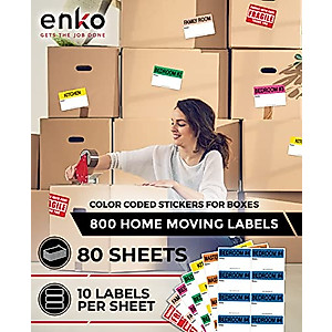 enKo - 2 x 3 Inch Extra Large Home Moving Packing Labels Stickers for Box - Color Coded for Boxes, Packing Box Fragile Stickers (800 Labels, 4 Bedroom House)