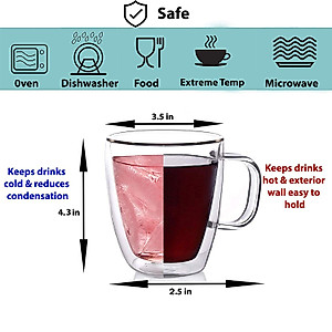 BOQO Glass Cups,Double Walled Insulated Drinking Glasses with Handle,Set Of 2 Mugs(400ml Water Glasses)