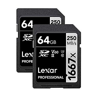 Lexar Professional 1667x 64GB (2-Pack) SDXC UHS-II Cards, Up To 250MB/s Read, for Professional Photographer, Videographer, Enthusiast (LSD64GCBNA16672)