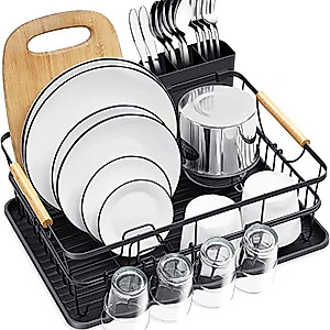 TOOLF Dish Drying Rack, High-Sided Dish Rack for Kitchen Counter, Dish Drainer with Utensil Holder and Drainboard, Small Sink Drainer for Sink, Black
