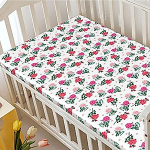Rose Themed Fitted Mini Crib Sheets,Portable Mini Crib Sheets Soft and Breathable Bed Sheets-Great for Boy or Girl Room or Nursery,24“ x38“,Rose Dark Coral
