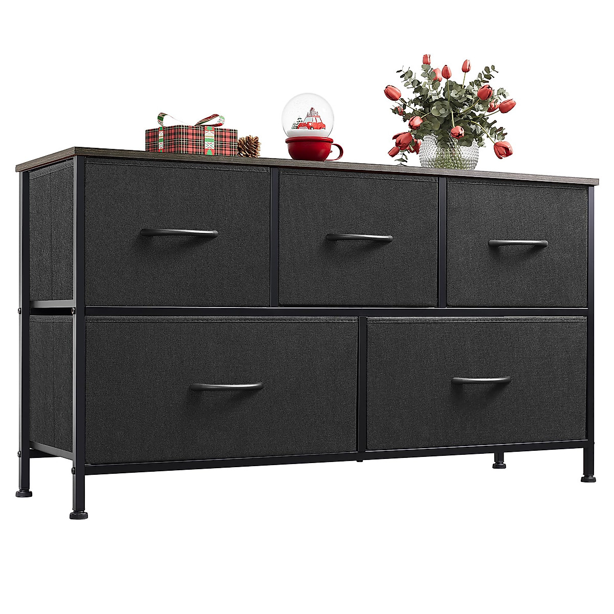 WLIVE Dresser for Bedroom with 5 Drawers, Wide Chest of Drawers, Fabric Dresser, Storage Organizer Unit with Fabric Bins for Closet, Living Room, Hallway, Charcoal Black