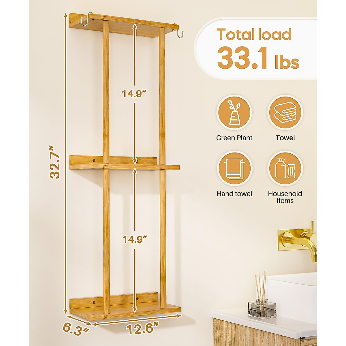 Cozivolife Towel Rack Bamboo for Bathroom, 3 Tier 32.7 inch with 2 Hooks and Shelf Wall Mounted Towel Storage Organizer Shelf, Large Capacity Towel Holder (Natural)