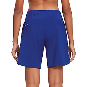 BALEAF Womens' 7 Inches Long Running Shorts Back Zipper Pocketed Athletic Gym Shorts with Liner Royal Blue Size L