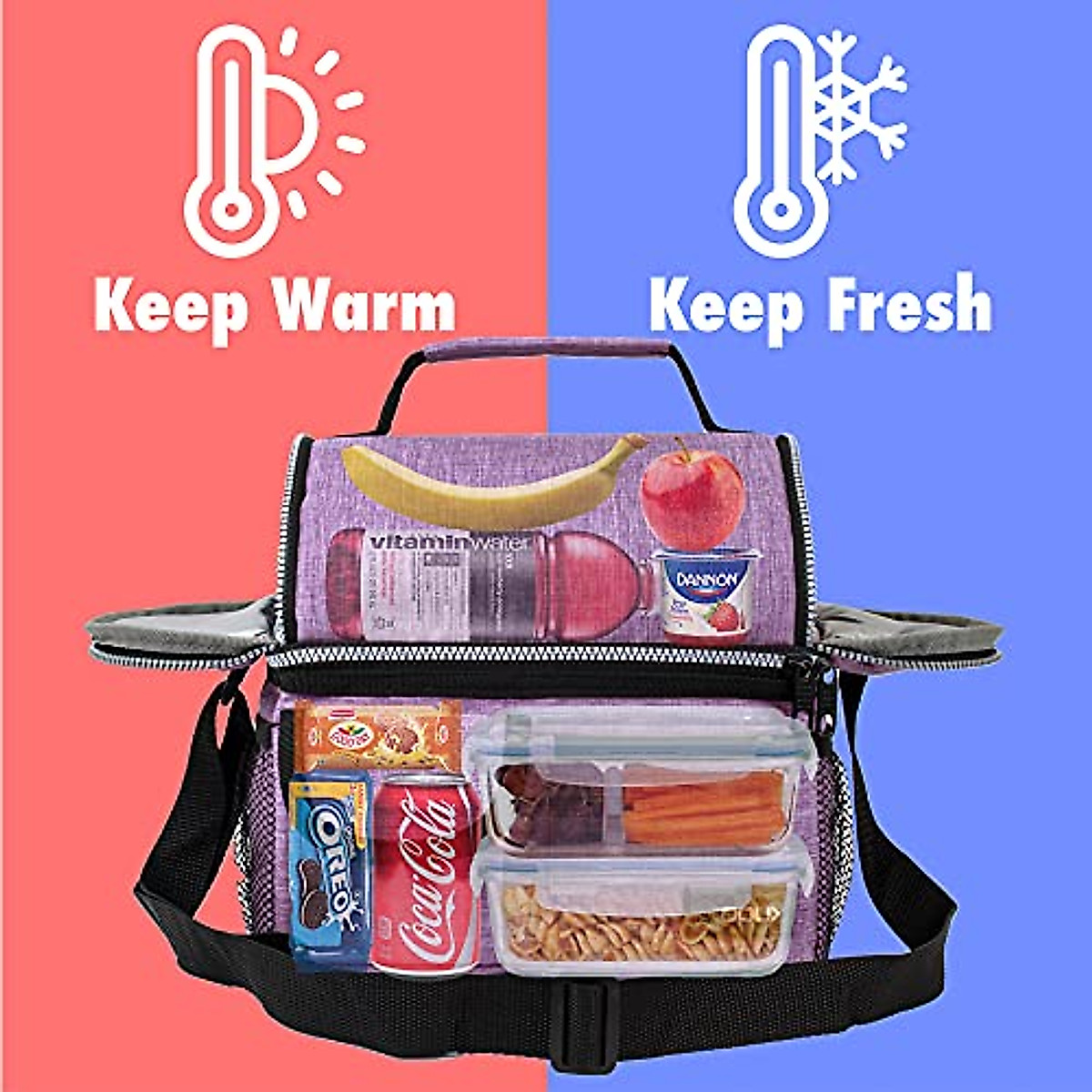 OPUX Insulated Dual Compartment Lunch Bag for Women | Double Deck Reusable Lunch Pail Cooler Bag with Shoulder Strap, Soft Leakproof Liner | Large Lunch Box Tote for Work, School (Purple), Standard