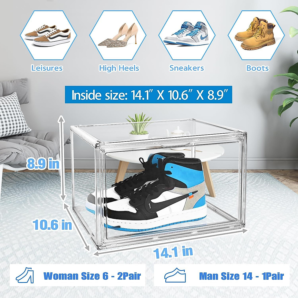 Acrylic Sneaker Shoe Display Case Transparent Sneaker Box Shoe Storage Boxes Clear Plastic Stackable Boot & Shoe Boxes Clear Shoe Organizer Containers with Lids, 1Pack Size 14
