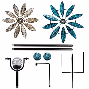 Glintoper Solar Wind Spinner, Outdoor Metal Stake Yard Spinners, Hollow Leaf Garden Kinetic Wind Catcher Wind Mills, Solar Powered Color Changing LED with Glass Ball, for Patio Lawn Yard
