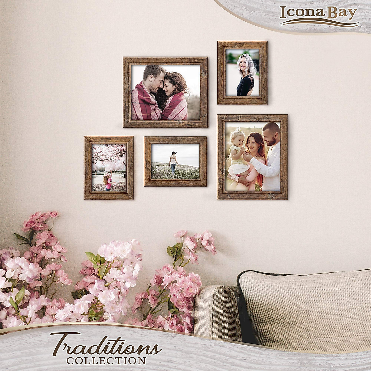 Icona Bay 5x7 Chestnut Brown Picture Frame, Rustic Wood Pattern, Lightly Distressed Frame for Table Top Display or Wall Mount, Traditions Collection