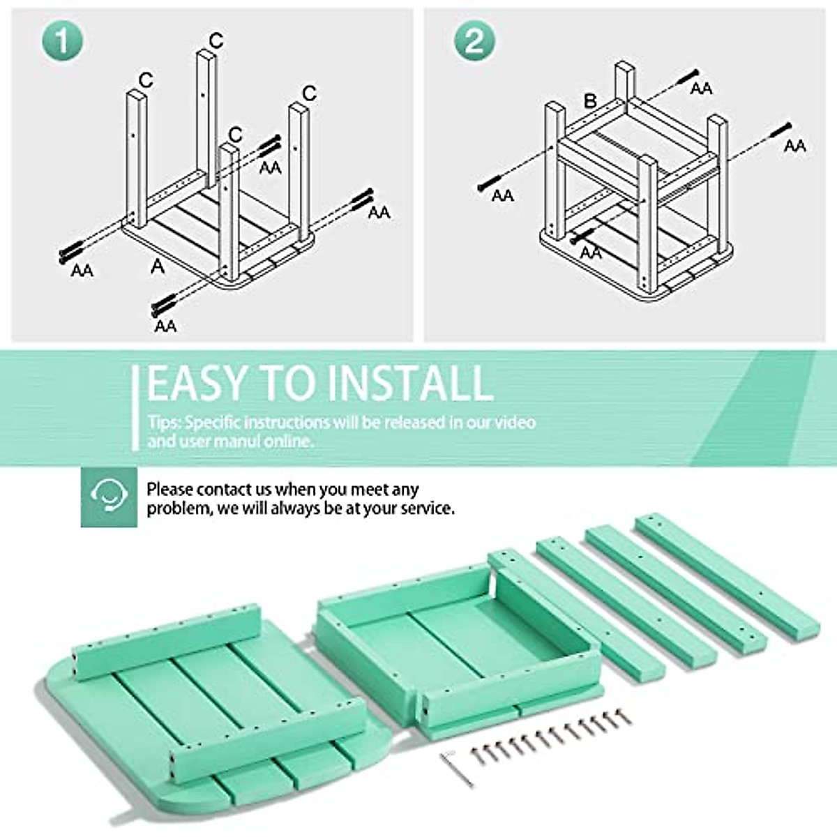 Luxspire Outdoor Side Table, Weather Resistant Adirondack Side Table, Double-Layer Small Patio Porch Balcony End Table, Rectangular Poly Plastic Tea Coffee Table for Deck Garden Furniture, Turquoise