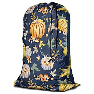 Swono Autumn Orange Pumpkins Drawstring Closure Dirty Clothes Bag Organizer, Heavy Duty Large Laundry Bag, Retro Style Fall Flowers Peony Rose Maple Leaf Rip-Stop Bags for Camp Travel, Machine
