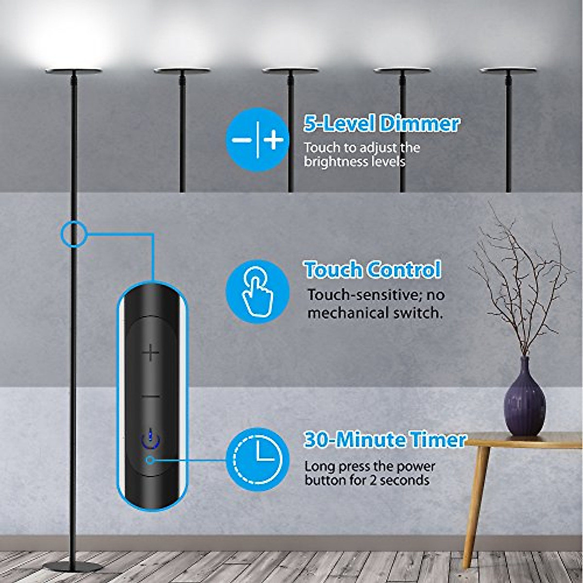 TROND Floor Lamps for Living Room - 5000LM Super Bright LED Torchiere Floor Lamp with 5-Level Dimmable, 5500K Natural Daylight Modern Tall Standing Lamp Reading Light, 30mins Timer for Home Office