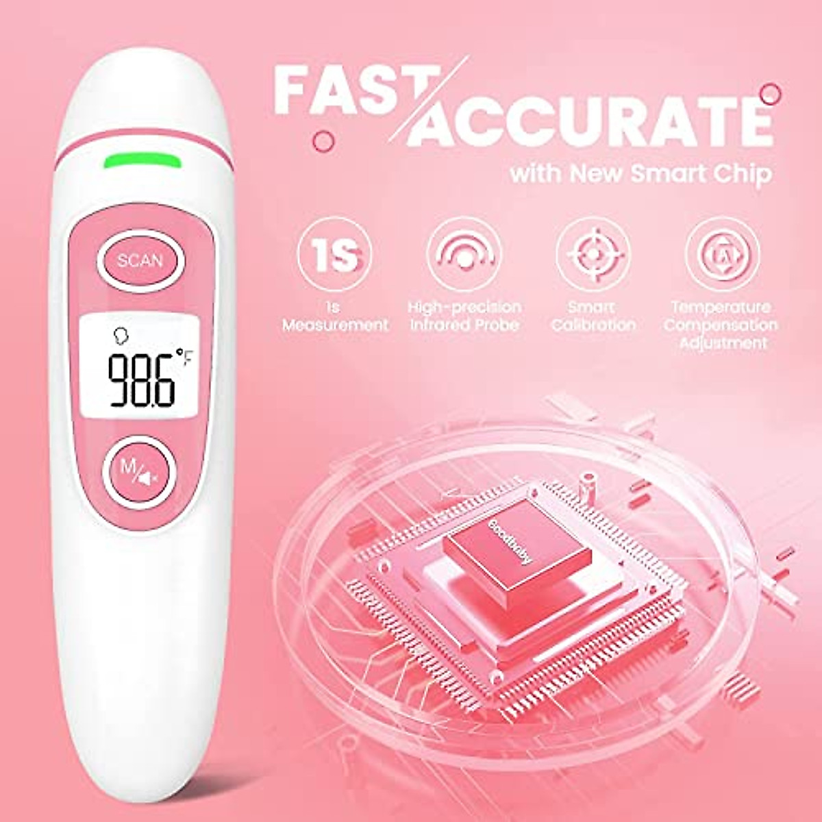 Forehead Thermometer for Adults and Kids, No-Touch Infrared Thermometer for Fever with LCD Display and Memory Function, Ideal for Family Use - Pink