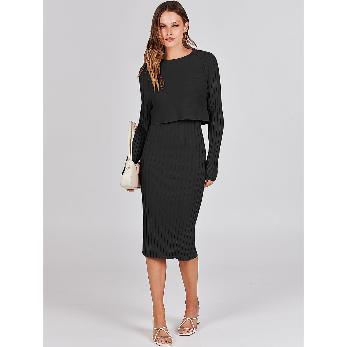ANRABESS Womens 2 Piece Outfits Sweater Dresses Set Midi Skirt Sets Long Sleeve Crop Top Bodycon Ribbed Knit Dress 2024 Fall Black Large