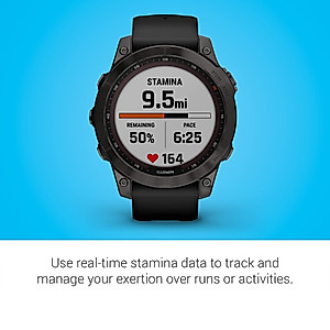 Garmin fenix 7 Sapphire Solar, adventure smartwatch, with Solar Charging Capabilities, rugged outdoor watch with GPS, touchscreen, wellness features, carbon gray DLC titanium with black band