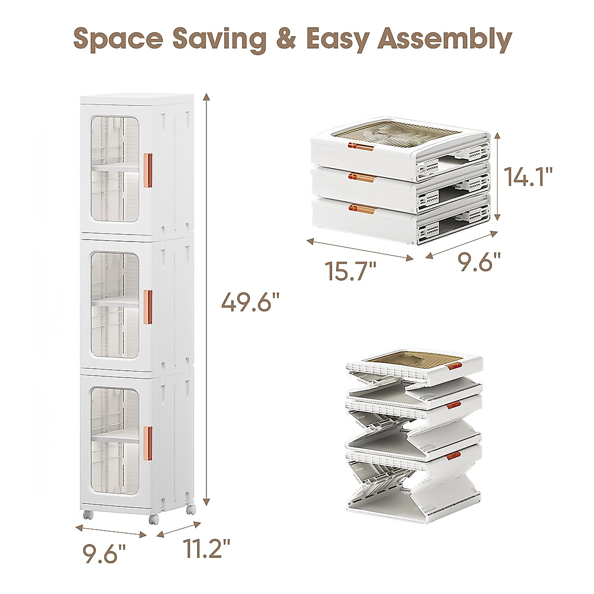 PIBEIBUK 3-Tiers Slim Bathroom Storage Cabinet, Plastic Narrow Storage Organizer with Doors and Shelves, Movable Waterproof Bathroom Floor Cabinet for Small Spaces, Kitchen, Laundry, Office, Bedroom