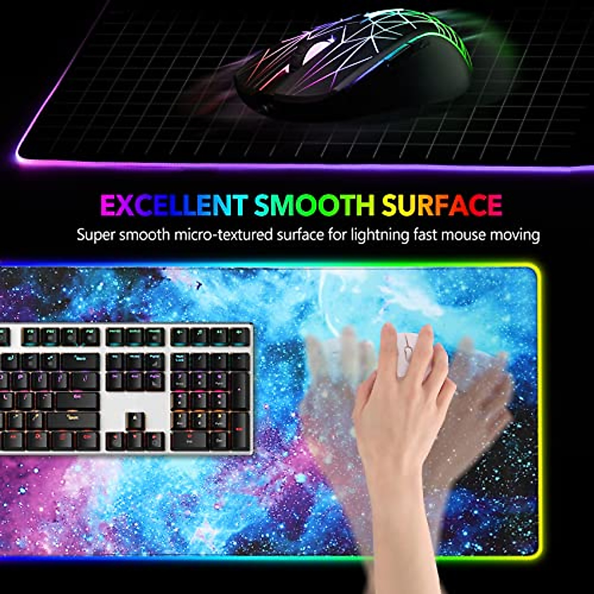 AIMSA RGB Gaming Mouse Pad Extended, Large Led Mousepads Non-Slip Rubber Base with 14 Lighting Modes, Computer Keyboard Mat Soft Desk pad Waterproof 35.4 x 15.8 inches, Galaxy Nebula Universe