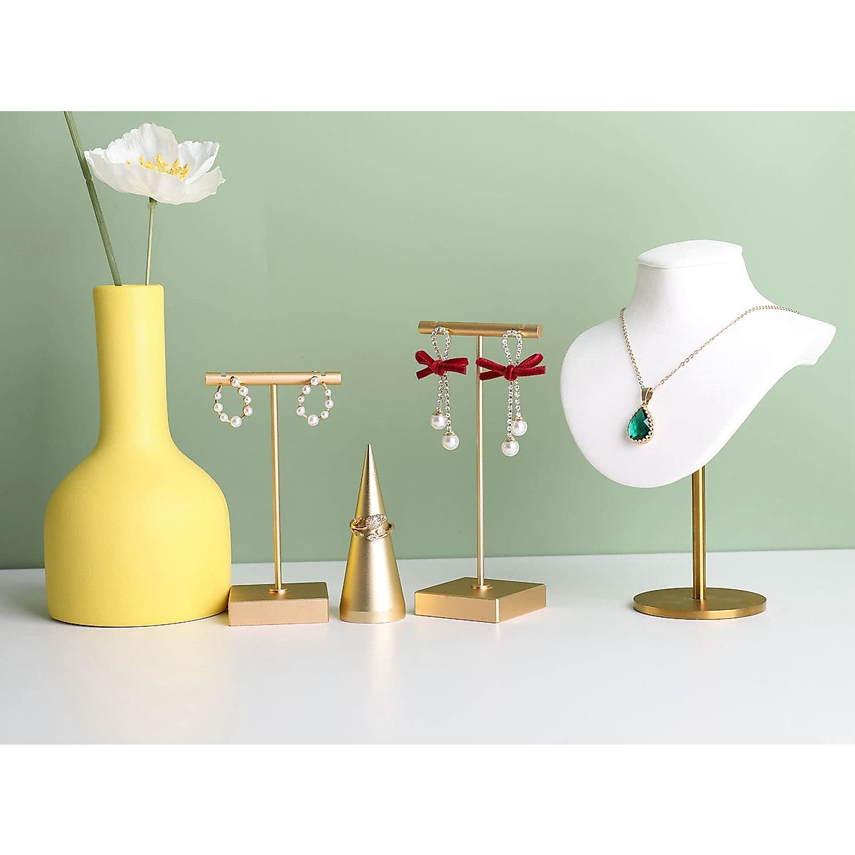 GemeShou 2pcs Metal T Bar Earring Stand Gold Single Earring Display T Stand for shows Jewelry Photography Props【Gold-Square Base 2pcs Height 4.3" and 5.1"】