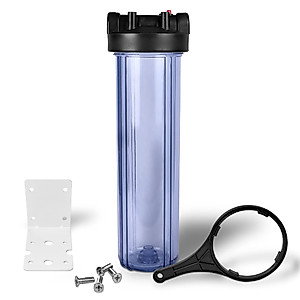 Whole House Water Filter System, Transparent 20 x 4.5" Housing, Presser Relief Button, 1” Inlet/Outlet Brass Port & 5 Mic Pleated Washable Sediment Cartridge Meets NSF Standards & Regulations (20”)