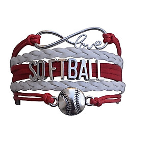 Softball Charm Bracelet (Red/White) Bracelets, Adjustable Bracelet with Softball Charm. Braided Bracelets for Softball Players, Softball Team, and Coaches - by SPORTYBELLA