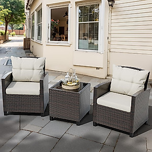 JAMFLY 3 Pieces Patio Furniture Set All-Weather Outdoor Wicker Conversation Bistro Set, Outdoor Patio Furniture Chairs with Tempered Glass Table for Porch Bistro Balcony, Beige