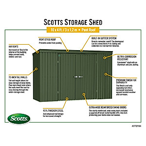 Scotts 10' x 4' Garden Storage Shed Outdoor Lockable Water-Resistant Steel Building with Tool Hanger and Pent Roof, Green