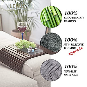 LENUE Bamboo Sofa Arm Tray - Newly Upgraded Small TV Side Table for Your Couch - Ideal Cup Holder, Drink Coaster and Remote Caddy - Perfect for Birthday, Housewarming & Wedding Gifts