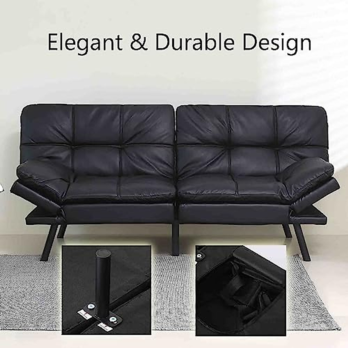 71”Convertible Futon Sofa Bed, Modern Leather Sleeper Couch with Adjustable Armrest and Backrest, Folding Upholstered Loveseat with Metal Legs, Memory Foam Living Seat for Apartment/Office, Black
