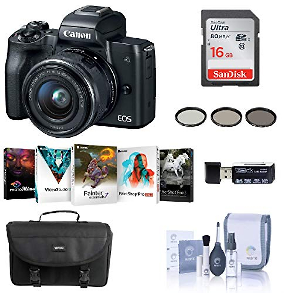Canon EOS M50 Mirrorless Camera with EF-M 15-45mm f/3.5-6.3 is STM Lens, Black - Bundle with 16GB SDHC Card, Camera Case, 49mm Filter Kit, Cleaning Kit, Card Reader, Pc Software Package