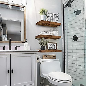 QEEIG Floating Shelves Bathroom Shelf Bedroom Kitchen Farmhouse Small Book Shelf for Wall 16 inch Set of 3, Rustic Brown (015-BN3)