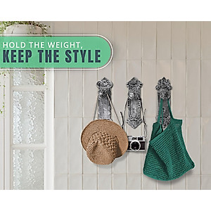 Shabby Chic Cast Iron Decorative Wall Mounted Hooks – Silver w/Black - Door Knob Coat Hooks for Wall - Set of 3 - Screws and Anchors Included - Antique Wall Hooks for Hanging Clothes