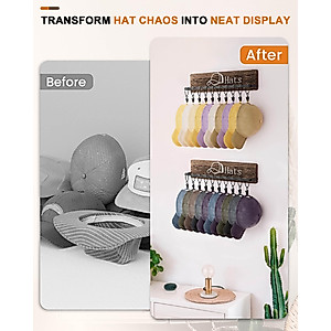 Bulado Hat Rack for Wall, Hat Organizer for Baseball Caps with 20 Hooks, Hat Storage Organizer Wall Mount, Rustic Cowboy Hat Rack Display Holder, Wood Hat Hangers for Closet Bedroom Entryway Set of 2