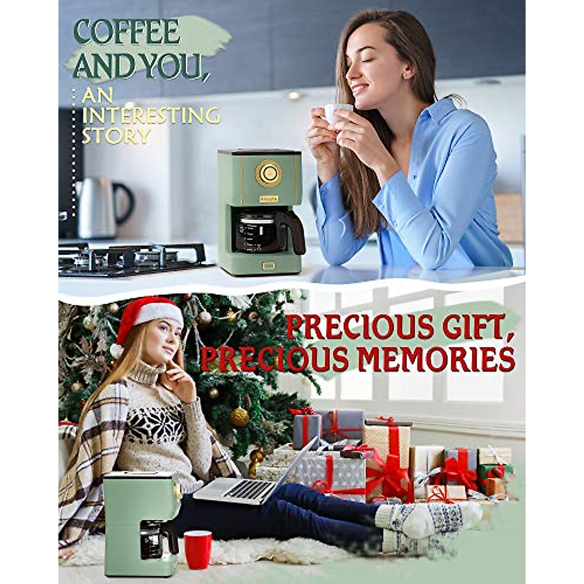 Amaste Retro Coffee Maker & Toaster Set- Matcha Green