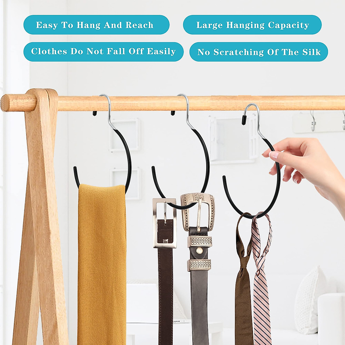 Aemygo Scarf Ring Hangers, 15 Pcs Non-Slip Belt Rack Tie Hanging Hooks Closet Accessories Scarf Organizer Storage Holders for Ties Scarves Belts Tank Tops Pashminas (Black)