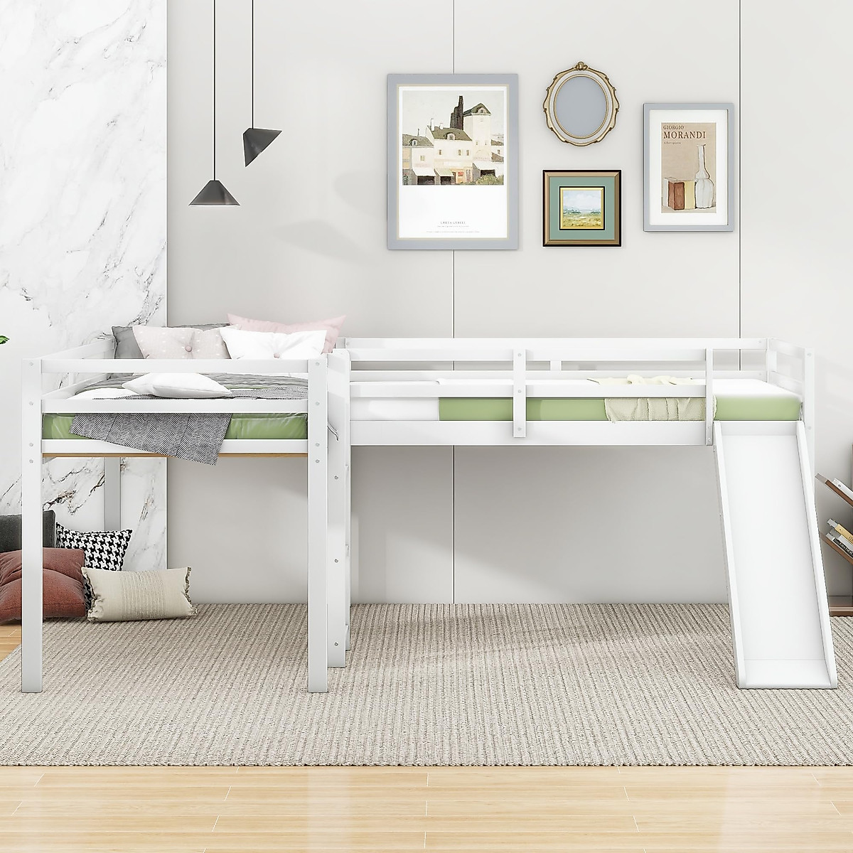 Harper & Bright Designs L-Shape Loft Beds with Slide, Twin Loft Bed Frame Corner Bunk Bed for 2 Kids, Wood White Loft Bed for Girls Boys Teens