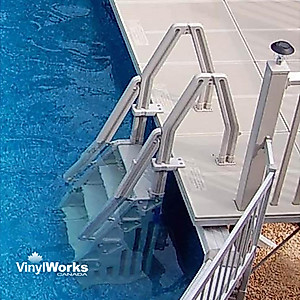 Vinyl Works Deluxe Versatile Adjustable 32 Inch in-Pool Step Ladder Entry System with Double Handrail for Above Ground Swimming Pools, White